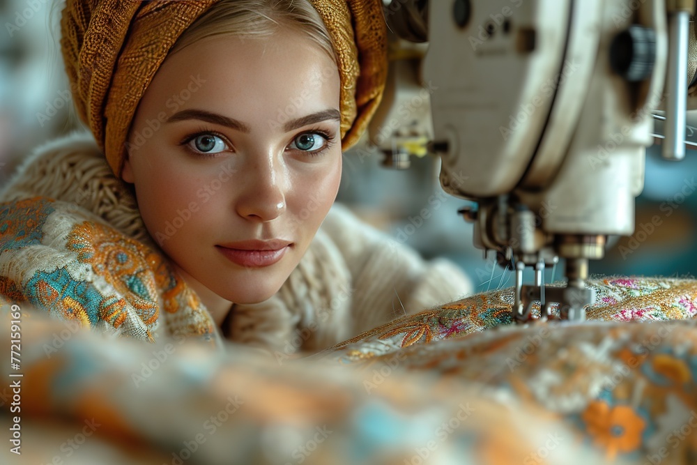 Fashion Designer Sewing Detail A close-up of a fashion designer ...