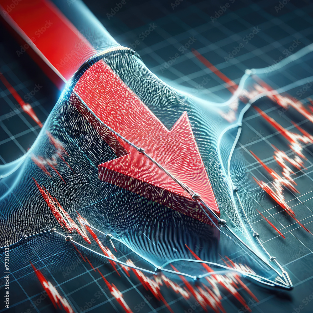 A red arrow pointing down is surrounded by a blue mesh. Concept of ...