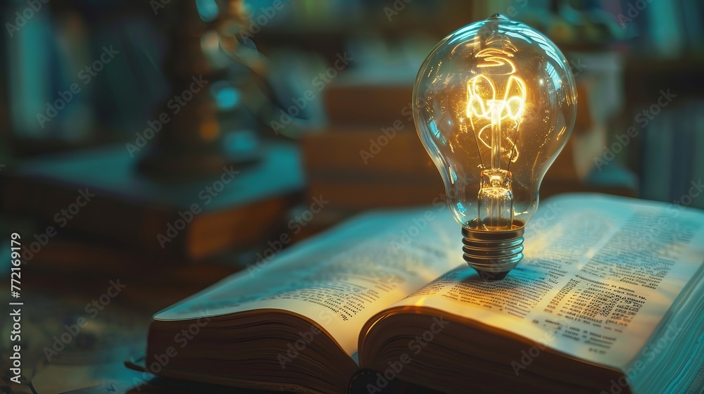 Glowing Light Bulb Illuminating Book Pages: Inspiring Innovation, Self ...