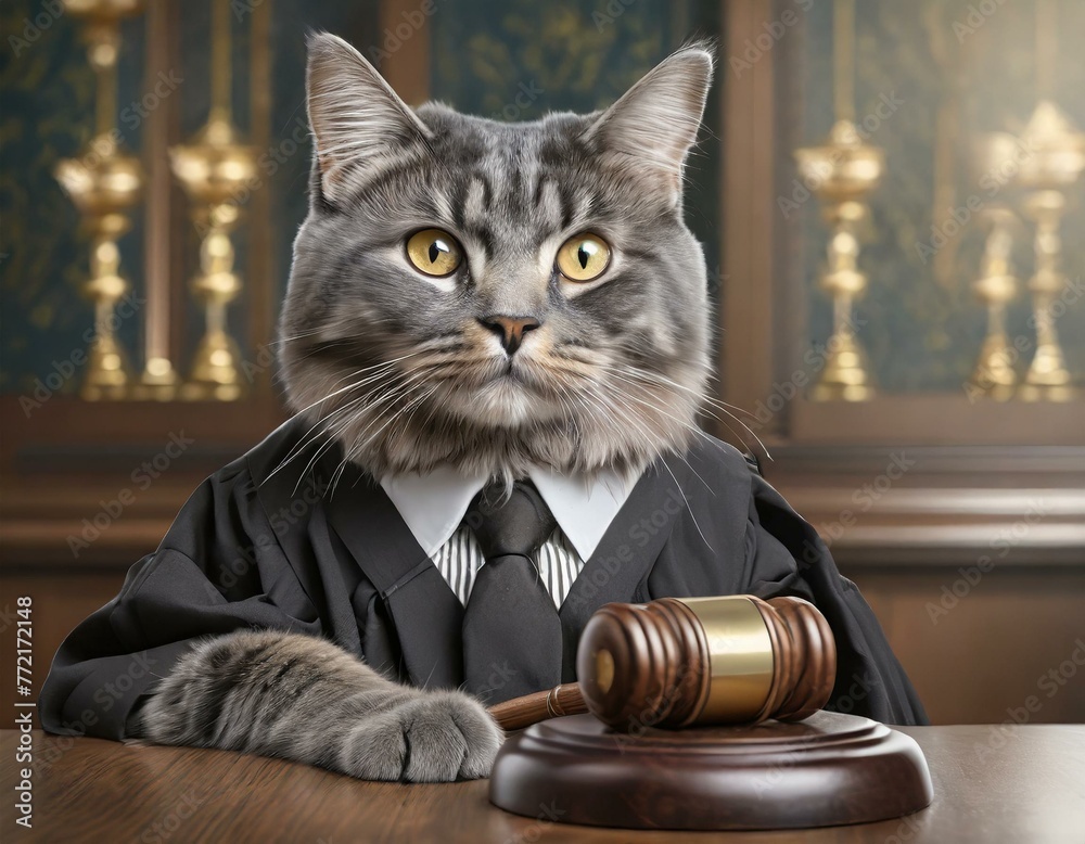 Gray tabby cat dressed as a judge in a courtroom with a gavel Stock ...