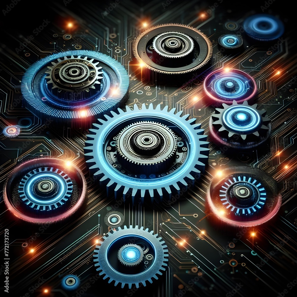 Automation concept with synchronized gears on a dark background ...