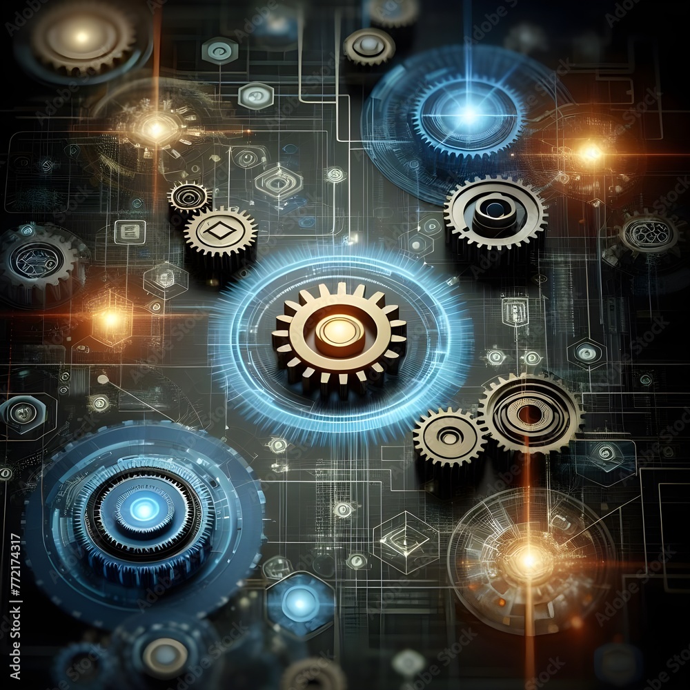Automation concept with synchronized gears on a dark background ...