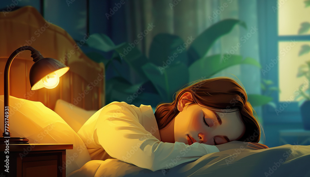 Serene Nighttime Rest: A young woman peacefully asleep in her cozy ...
