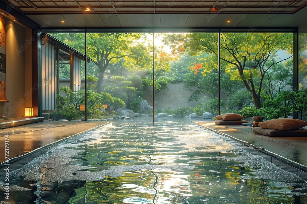 Render a serene spa in Kyoto, Japan, offering guests traditional ...