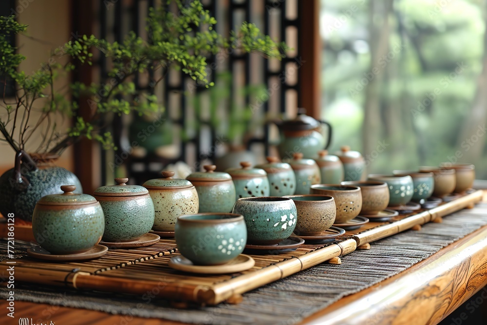 Tea Ceremony Tradition A traditional tea ceremony setting with tea pots ...