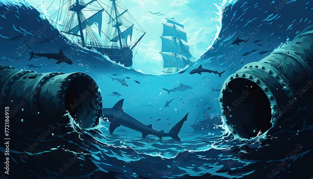 ocean drains under the water pipes ships of chaos and sharks of the ...