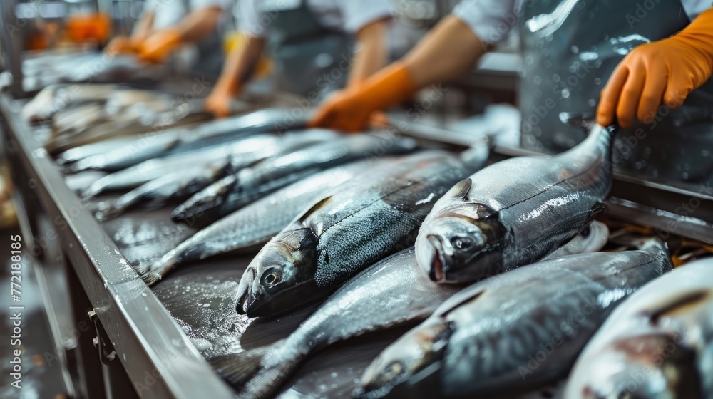 At a fish processing plant, employees carefully sort and select fresh ...