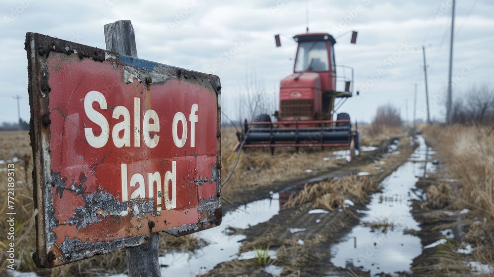 A neglected tractor is left in an untended farm field, symbolizing the ...