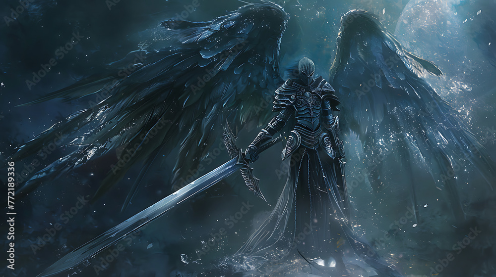 Dark warrior angel with medieval sword. fantasy background. digital ai ...