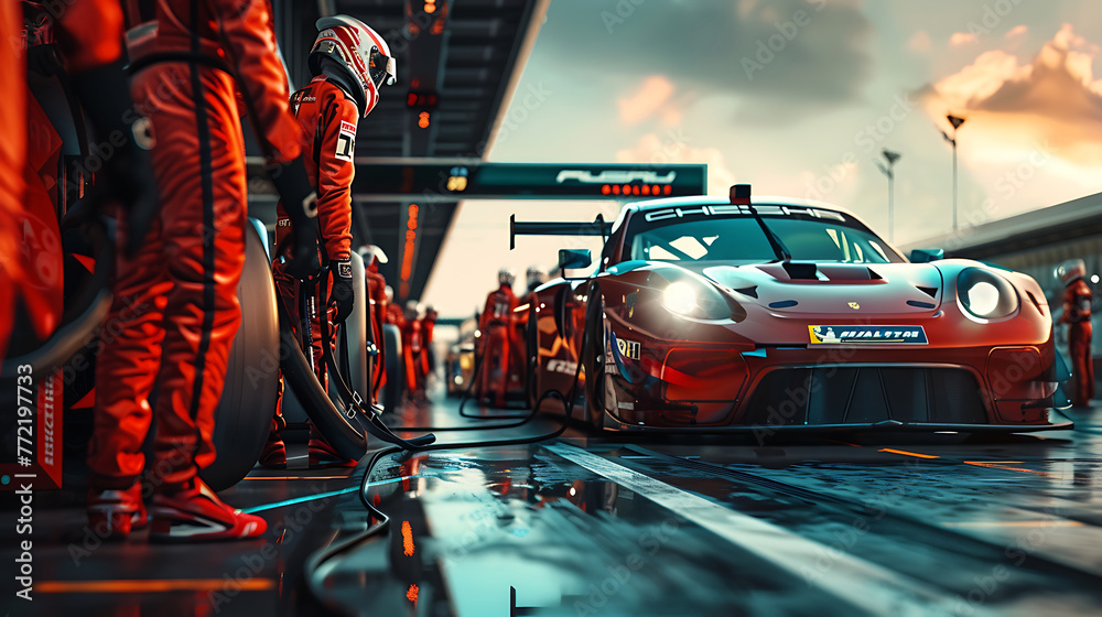 Professional pit crew ready for action as their team's race car arrives in the pit lane during a ...