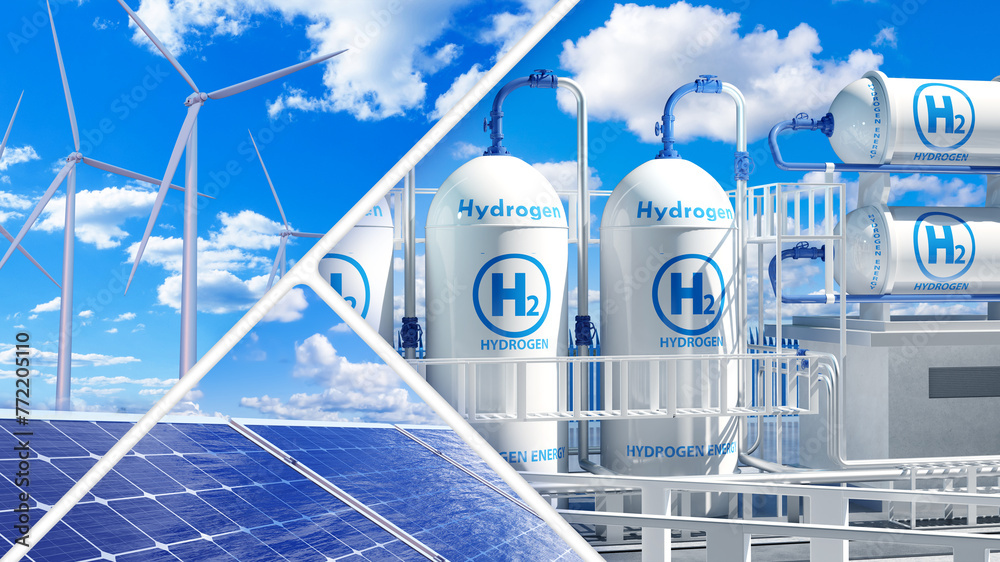 Hydrogen power station. Solar panels. Wind generators. High pressure ...