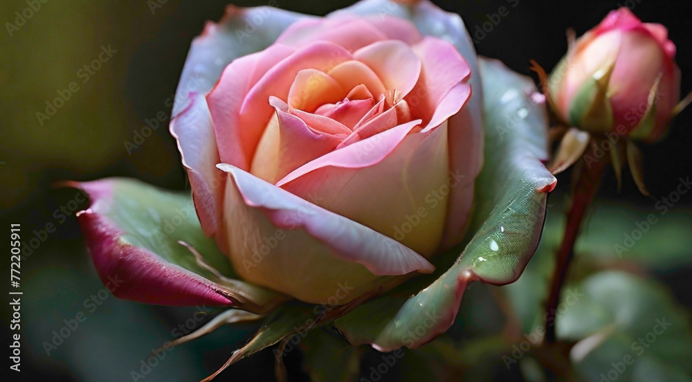 deep purplish and bluish single frame rose with water drops lying on ...