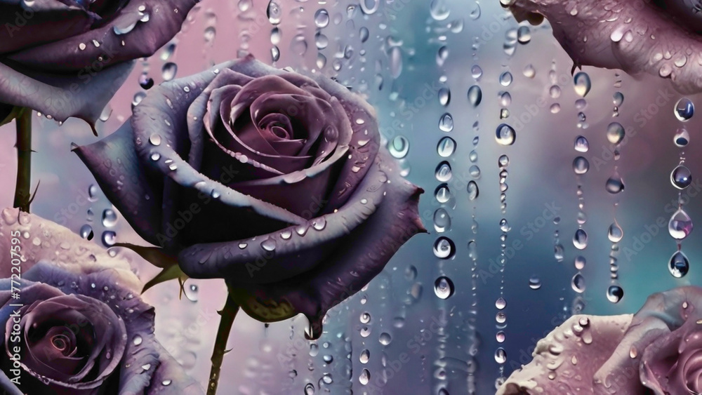 deep purplish and bluish single frame rose with water drops lying on ...