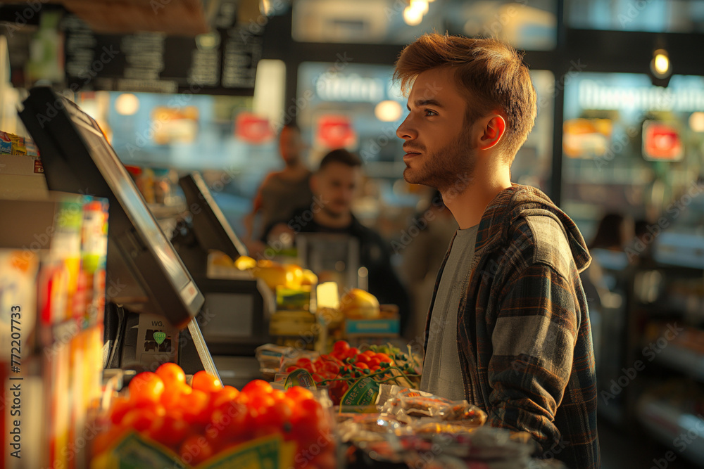 young man girl buys groceries at a self-service checkout in a store ...