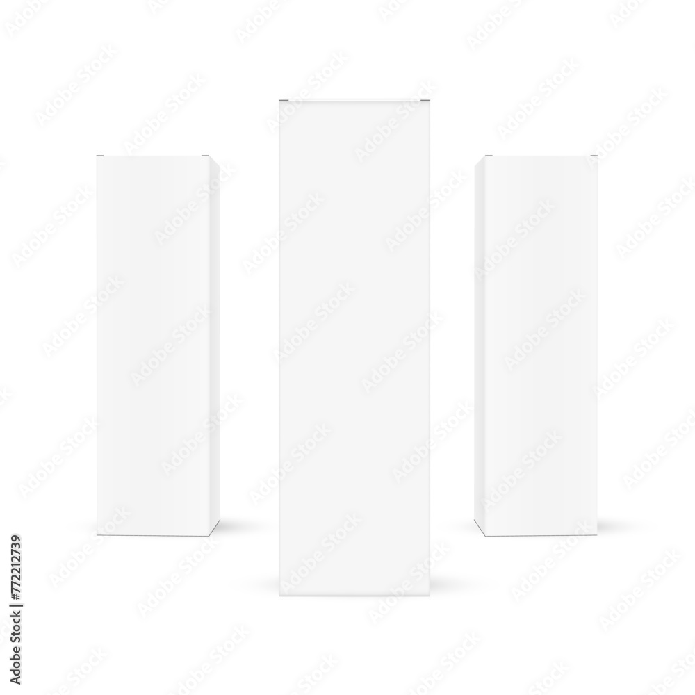 Three Tall Rectangular Packaging Boxes, Front View, Isolated On White ...