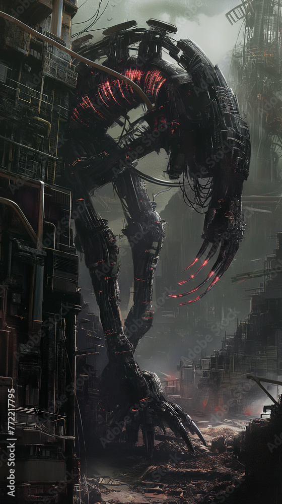 Scary horror background with scary black monster with red neon lines ...