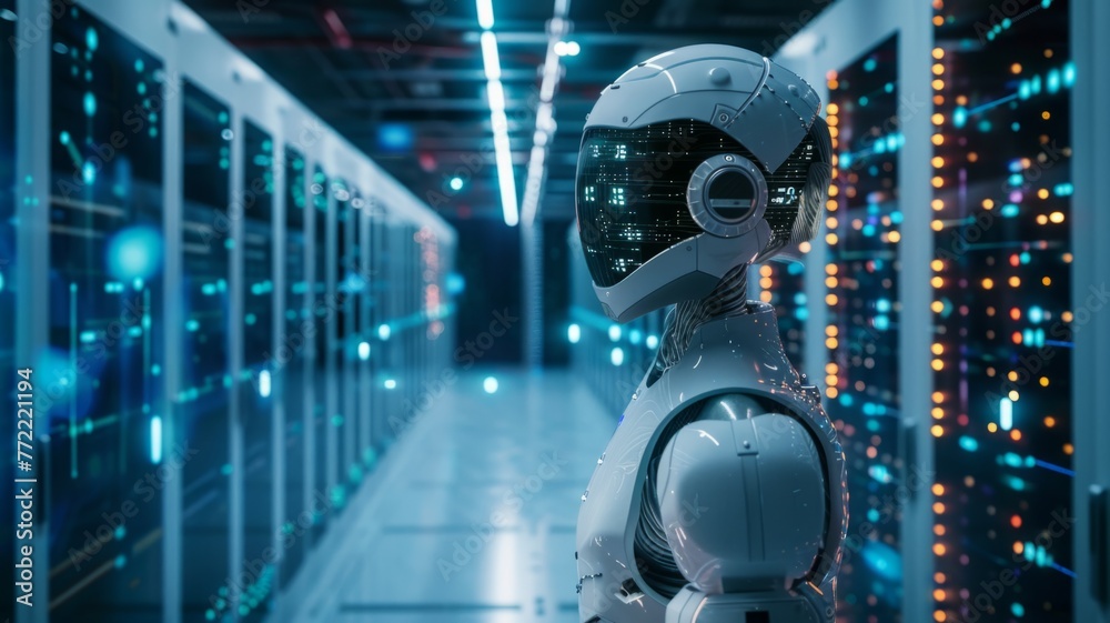 Futuristic robot in a data center - An advanced humanoid robot standing ...