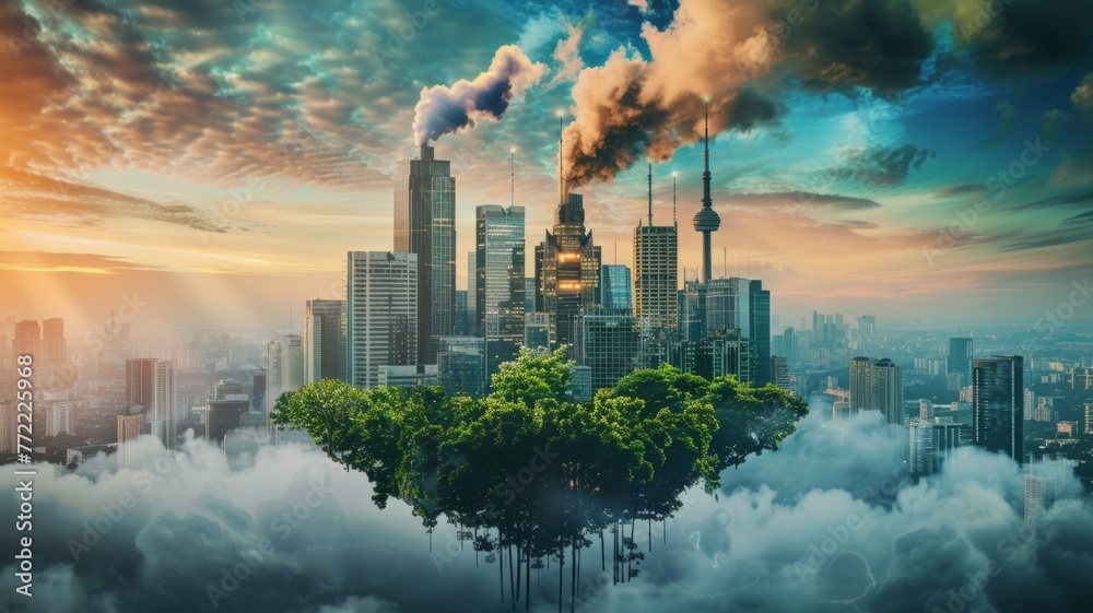 Floating forest city skyline with pollution - Surreal view of a ...