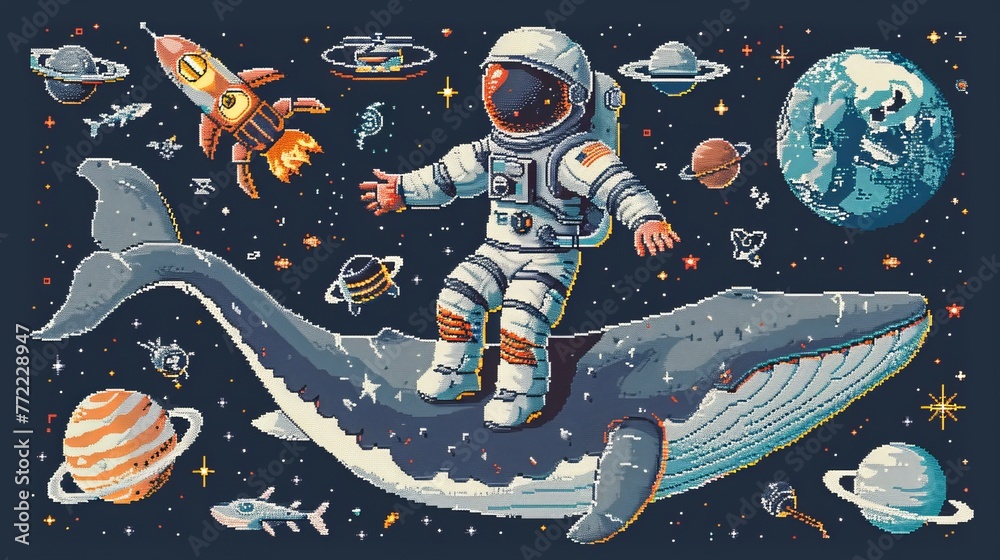 Pixelated astronaut and space objects inspired by 8-bit video games ...
