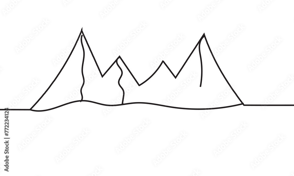 One continuous line drawing of mountain range landscape. Top view of ...