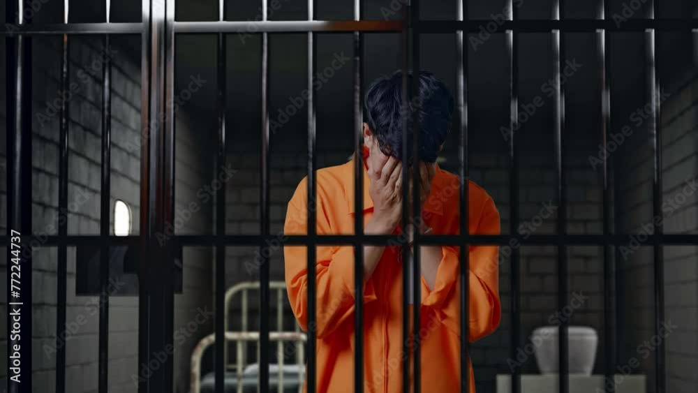 Sad Asian Male Prisoner In Handcuffs Crying While Standing In Prison ...