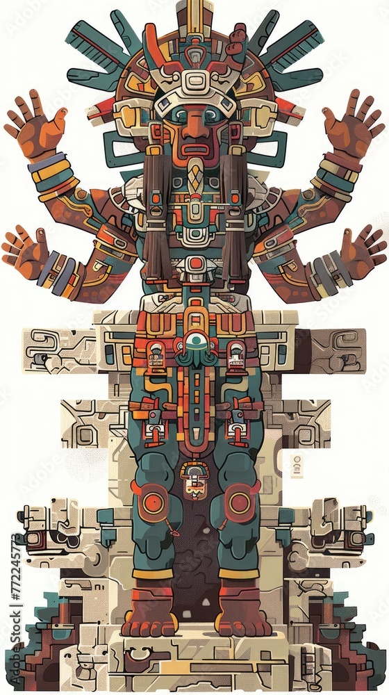 2D vector art of the ancient Mayan god Huitzilopochtli in his stone ...