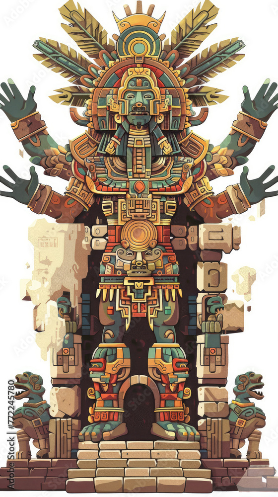 2D vector art of the ancient Mayan god Huitzilopochtli in his stone ...