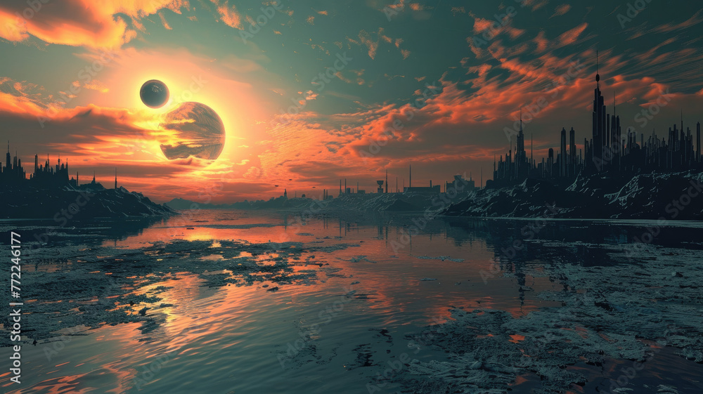 Futuristic cityscape with dual moons at sunset - An expansive view of a ...