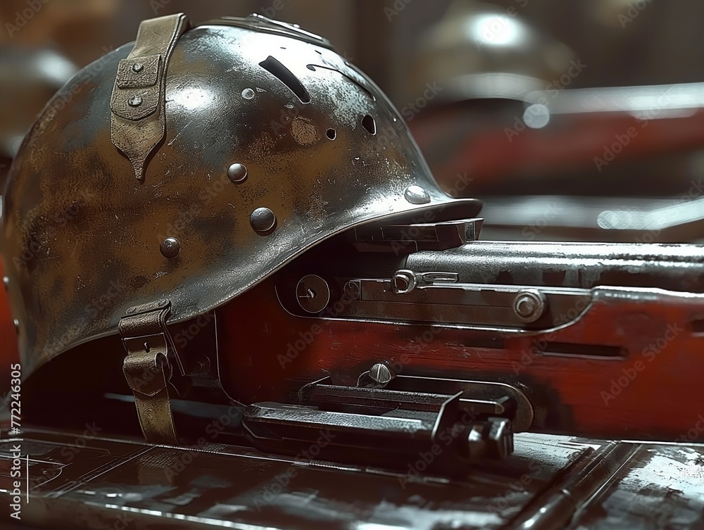 A helmet and rifle are displayed in a scene. The helmet is old and worn ...