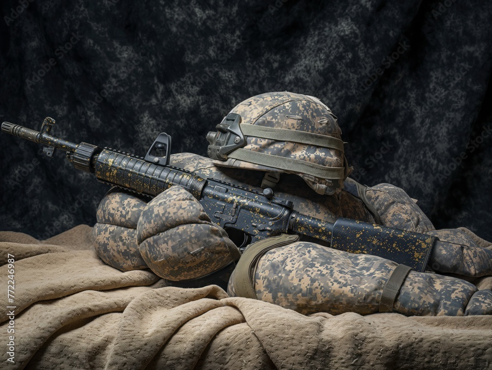 A soldier is laying on a bed with a rifle and a helmet on his head ...