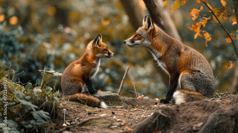 Two foxes engaging in a serene forest - An intimate moment between two ...