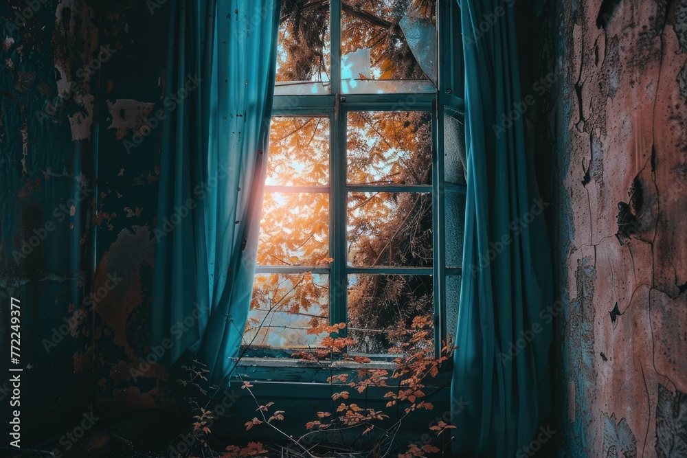 Vintage window view with sunlight and foliage - An aged blue window ...