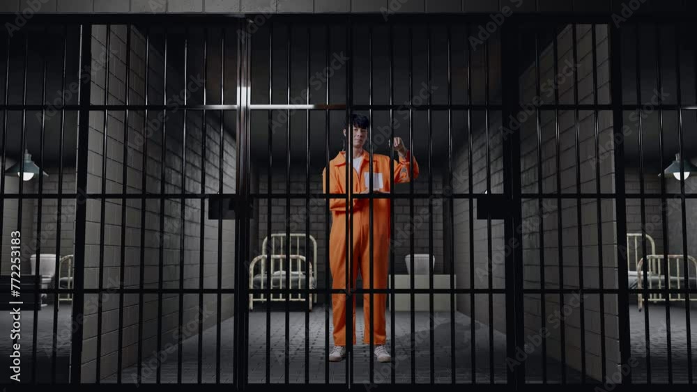 Full Body Of Asian Male Prisoner Standing In Prison, Smiling, Showing ...