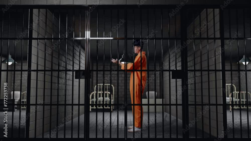 Full Body Side View Of Asian Male Prisoner Standing In Prison, Looking ...