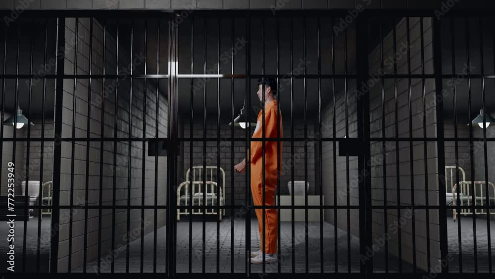 Full Body Side View Of Asian Male Prisoner In Handcuffs Standing In ...