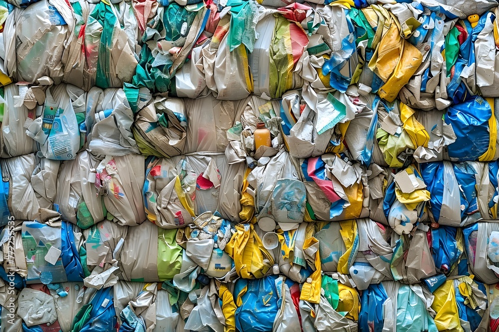 A piles of bags and garbage, being packed in the colorful sacks ready ...