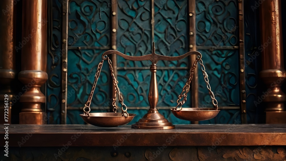 A digital artwork showcasing the scales of justice sculpted from rustic ...