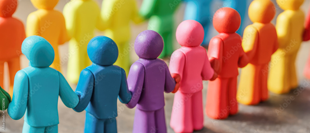colorful figurines hold hands in unity, representing diverse community ...