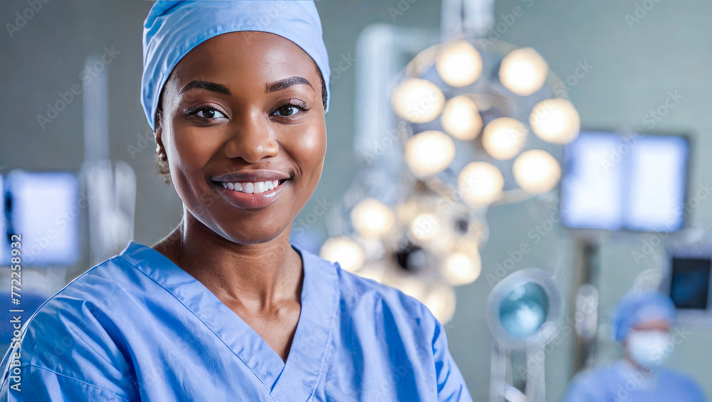 professional female surgeon, dressed in blue scrubs, stands ready in ...