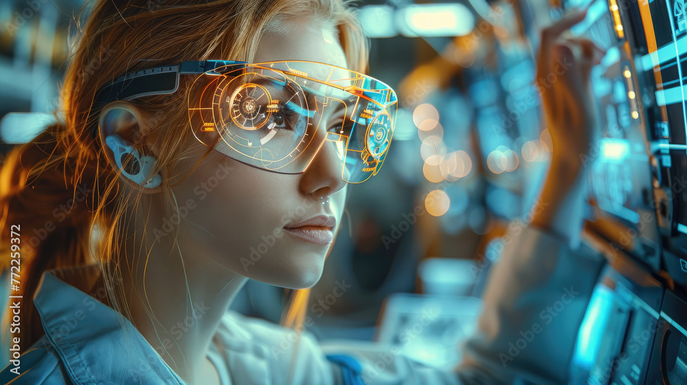 Young female Aircraft assembly line worker using AR glasses ...