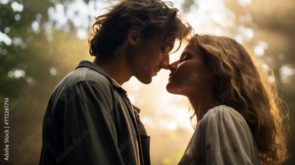 Profile Photo Of Romantic Sensual Couple Kissing In The Park At Sunset