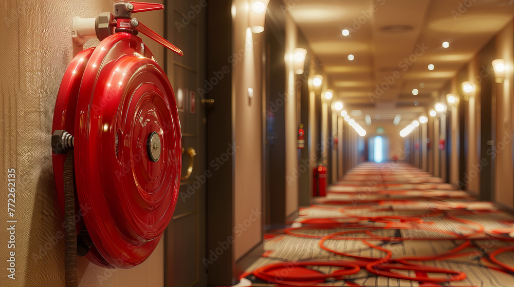 A fire extinguisher and a fire hose reel installed in a hotel corridor ...