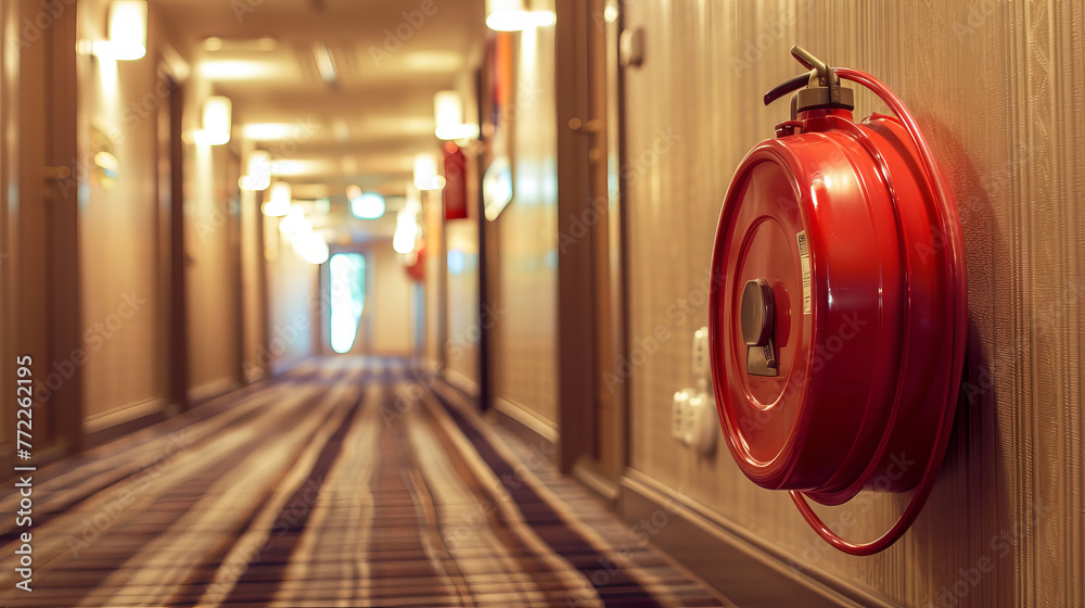 A fire extinguisher and a fire hose reel installed in a hotel corridor ...