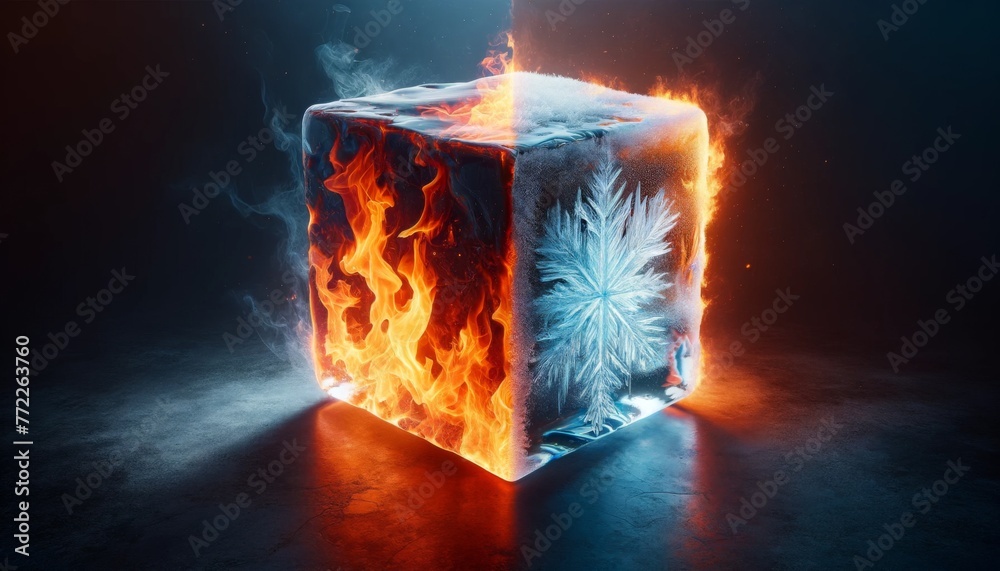 Icy cube with a fiery split, visual temperature play - A mesmerizing ...