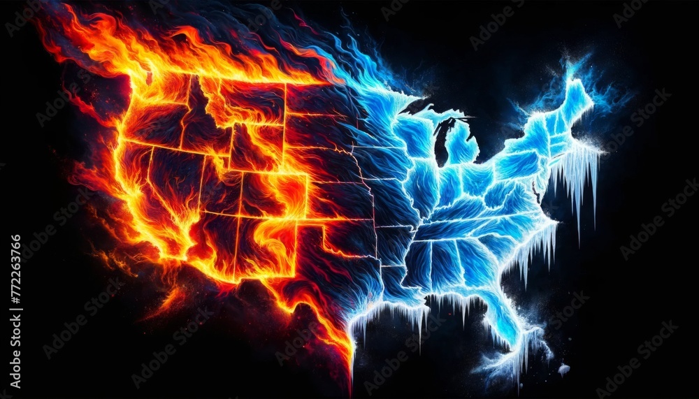 USA Map Illustration with Fire and Ice Effect - Striking graphic ...