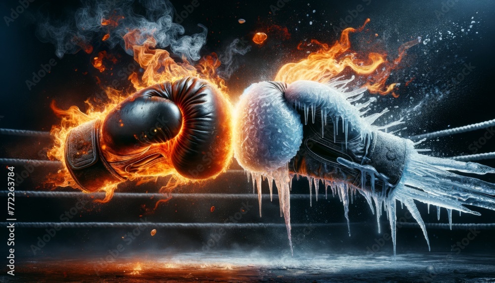 Fiery and Icy Boxing Gloves Clash - A visually striking depiction of ...