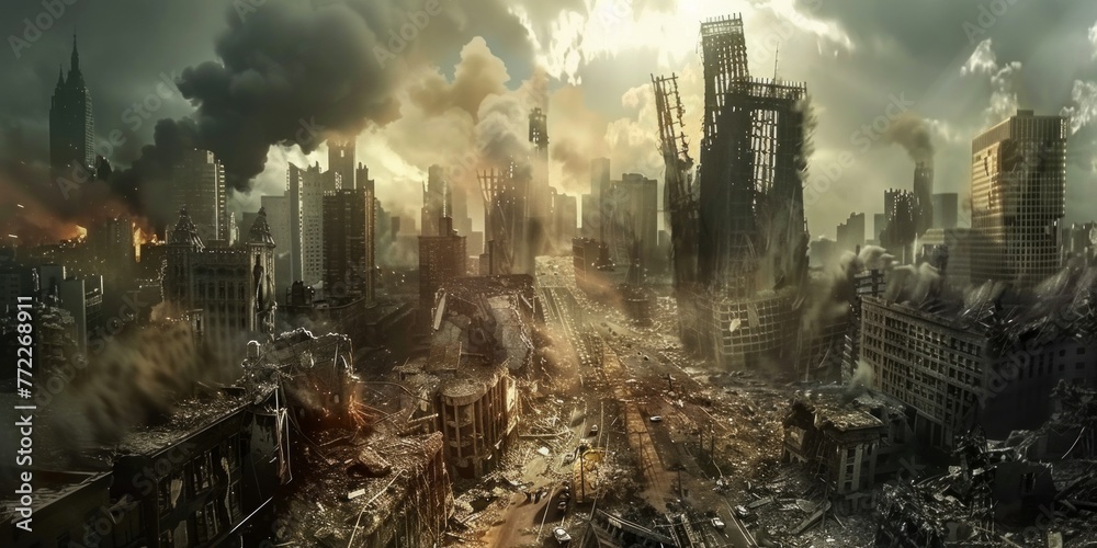 Apocalyptic cityscape consumed by fires and billowing smoke, capturing ...