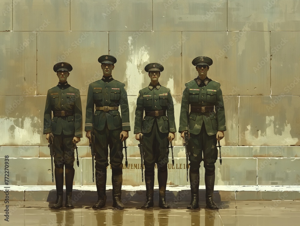 Four men in military uniforms stand in a line. The men are wearing ...
