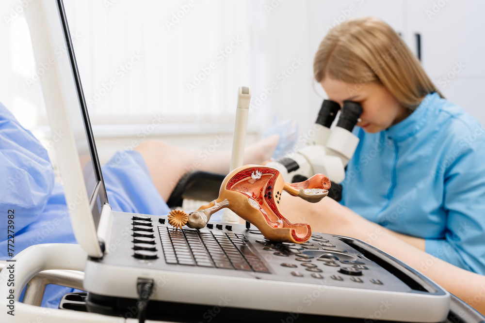 Gynecological office in the clinic. A gynecologist examines a young ...
