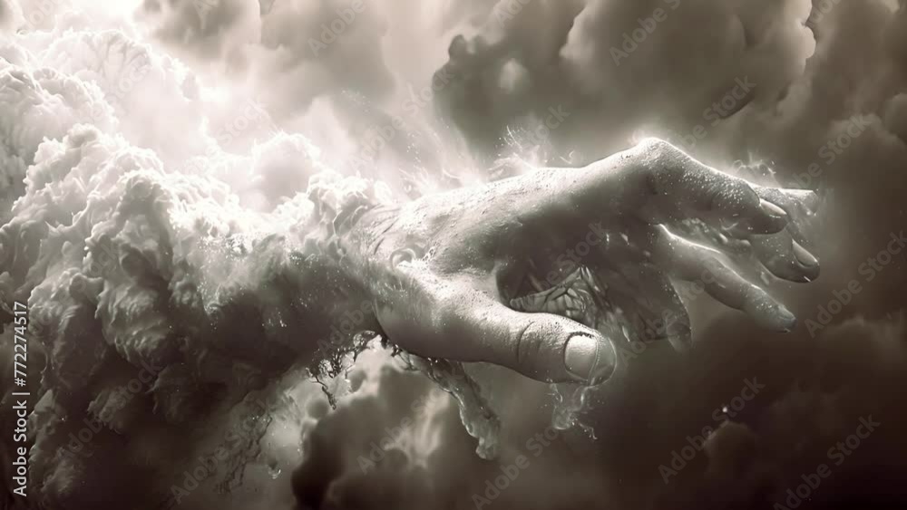 Hands of god or Jesus Christ in the clouds. Human hands open palm up ...